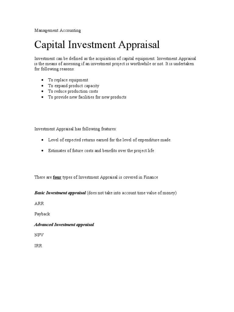 Capital Investment Appraisal: Basic Investment Appraisal (Does Not Take ...