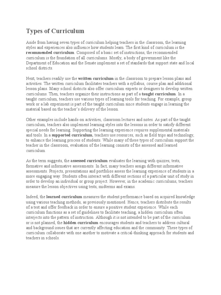 Types of Curriculum: Recommended Curriculum. Composed of A Basic Set of ...