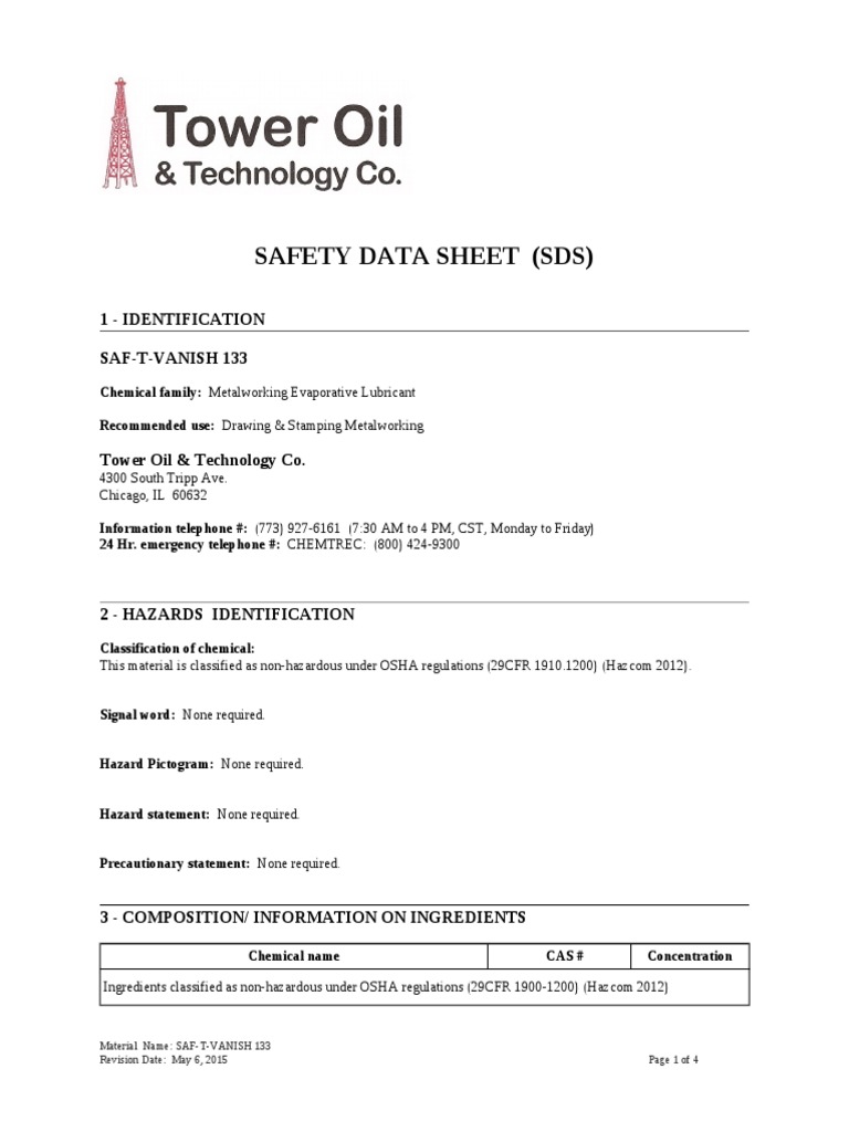 Safety Data Sheet (SDS) : 1 - Identification Saf-T-Vanish 133 | PDF ...