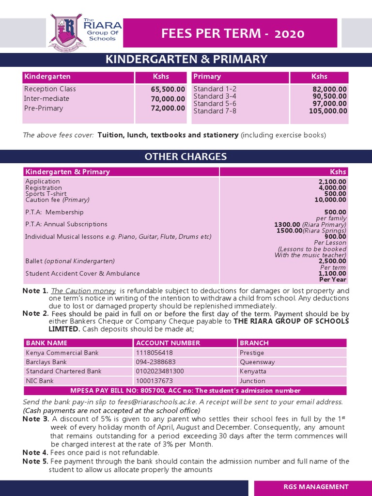 Fees Per Term - 2020: Kindergarten & Primary | PDF | Nairobi | Kindergarten