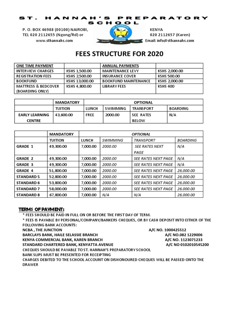 Fees Structure For 2020: P. O. BOX 46988 (00100) NAIROBI, Kenya TEL 020 2112655 (Ngong/Rd) or ...