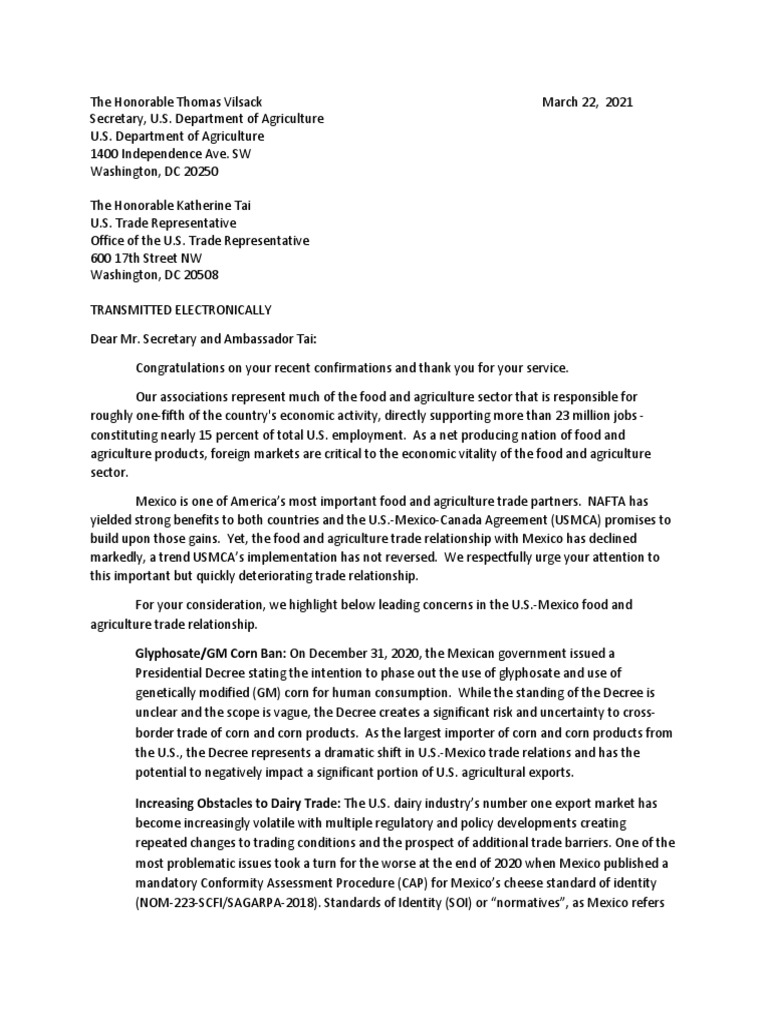 Vilsack Tai-Letter USDA-Mexico-Issues Final 210322 | PDF | Agriculture ...