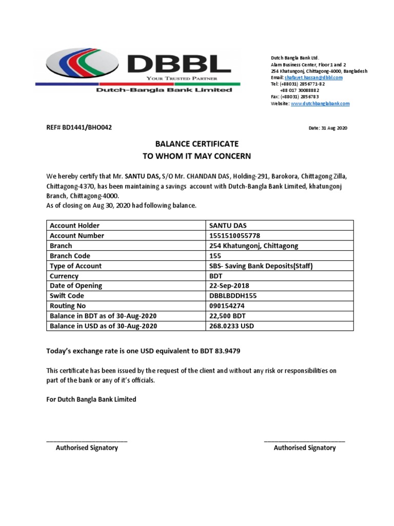 Balance Certificate of DBBL | PDF | Foreign Exchange Market | Banks