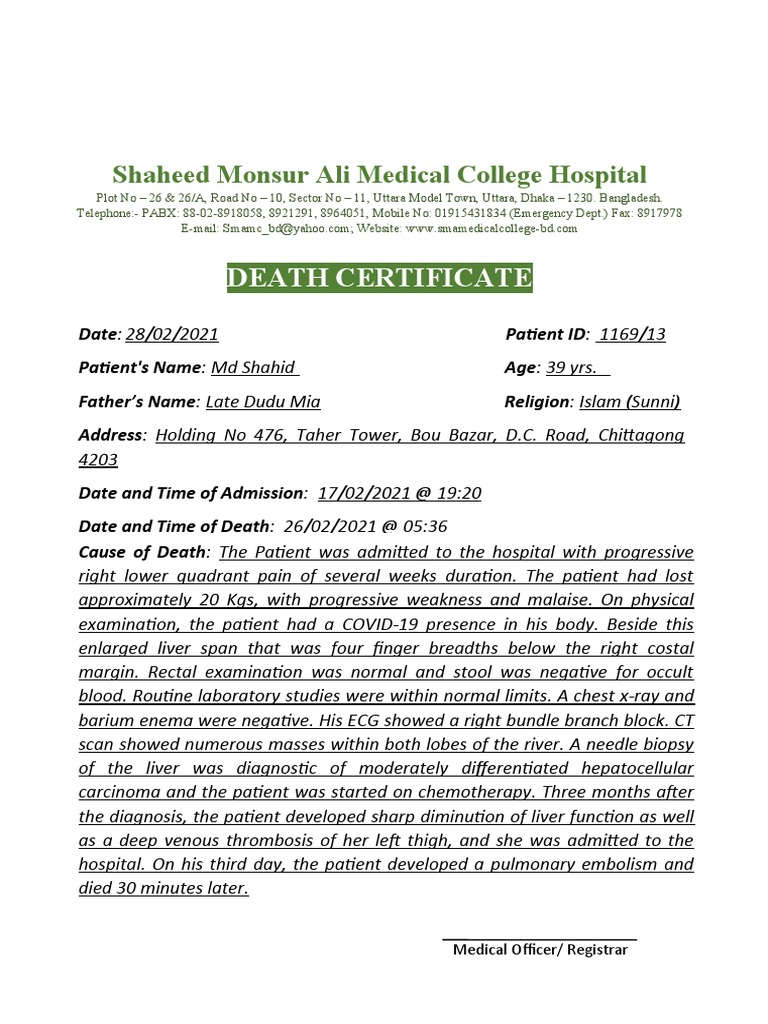 Death Certificate: Shaheed Monsur Ali Medical College Hospital ...