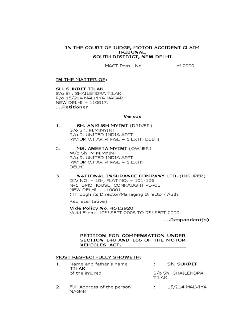 Sukrit Tilak VS Ankus Miyant (Mact Petition) | PDF | Affidavit ...