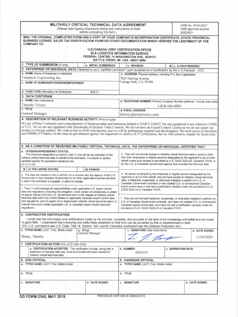 Completed DD2345 Temptron Engineering Inc. | PDF | Citizenship | Justice