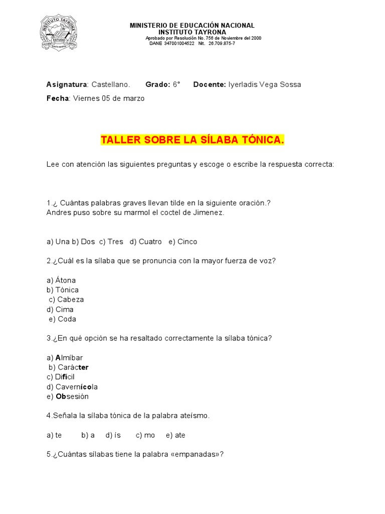 Taller de Sílaba Tónica y División Silábica | PDF