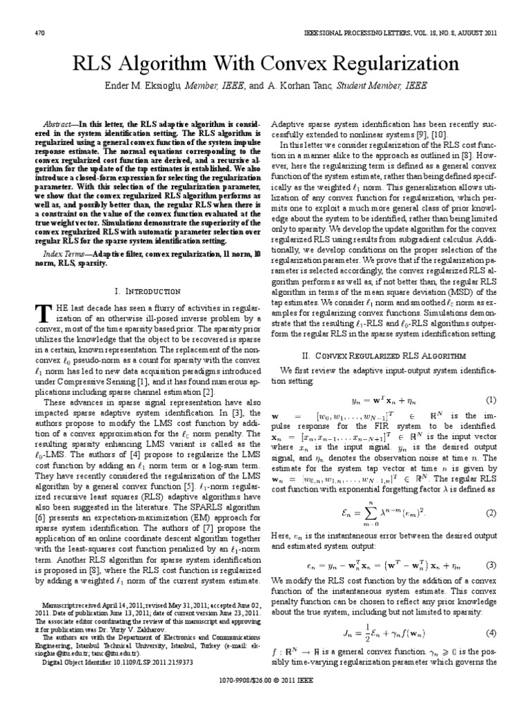 RLS Algorithm With Convex Regularization | PDF | Technology & Engineering