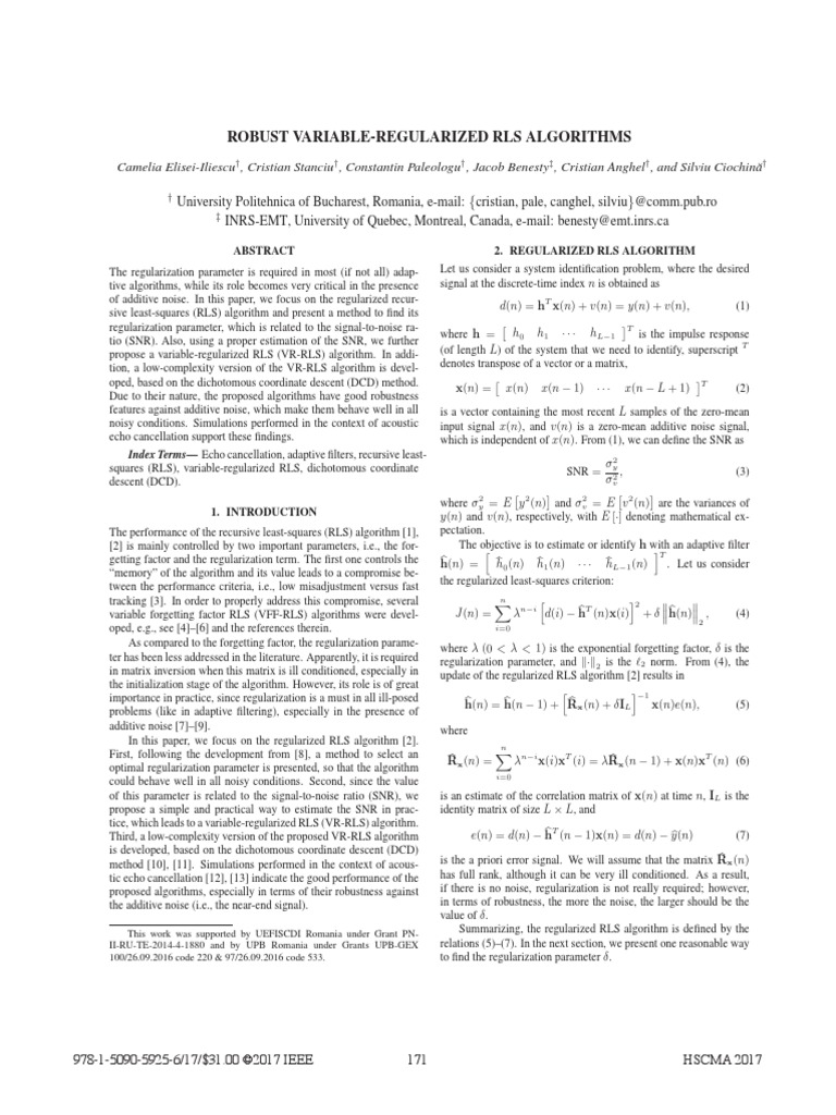 Robust Variable-Regularized Rls Algorithms | PDF | Signal To Noise Ratio | Variance
