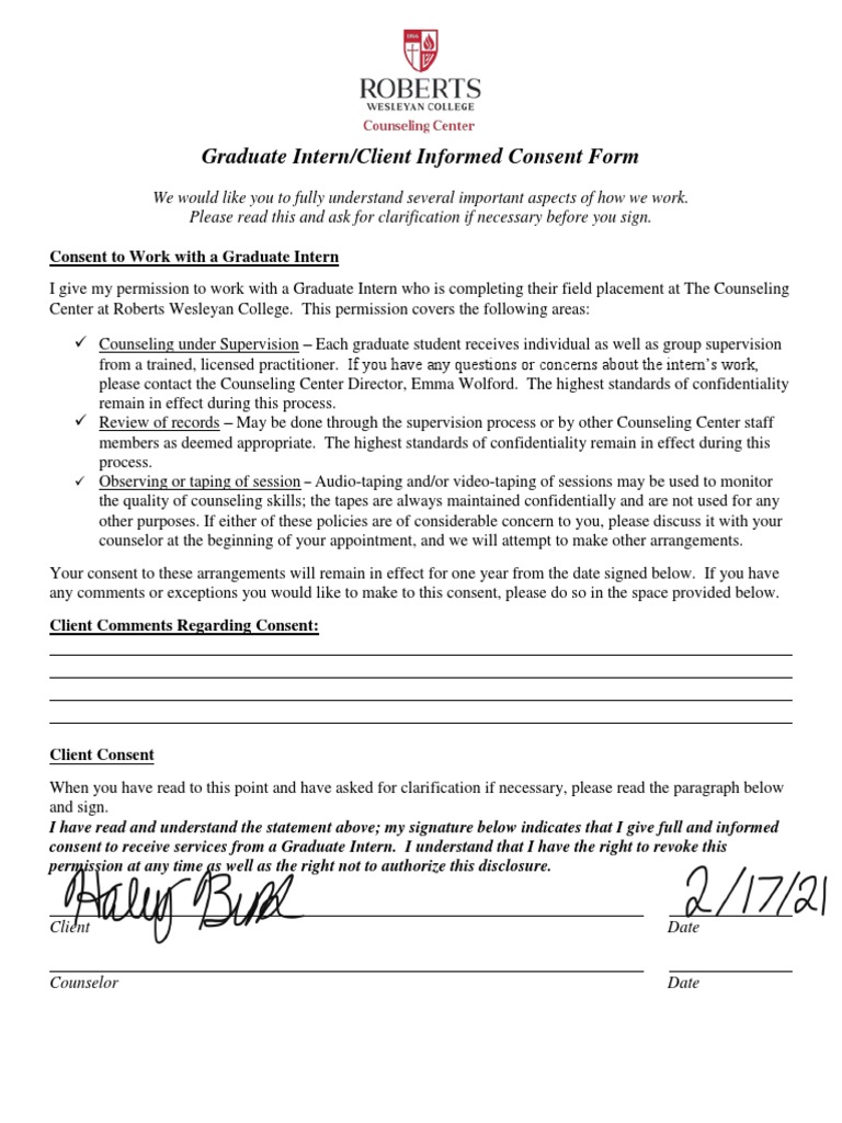 Graduate Intern/Client Informed Consent Form | PDF