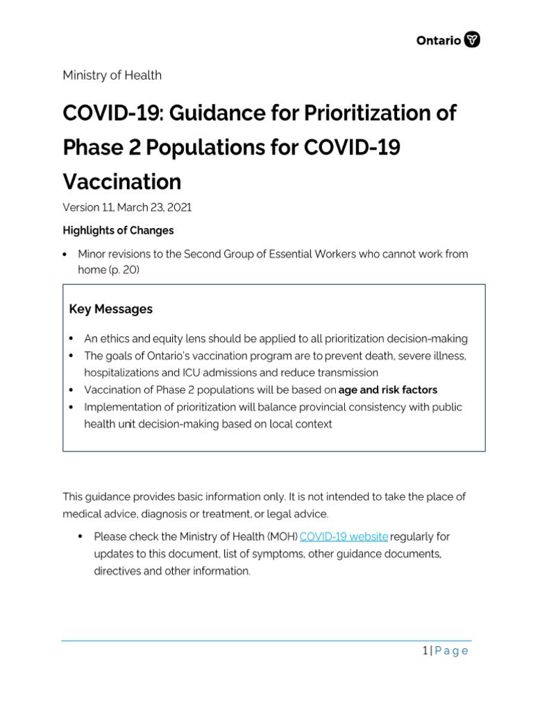 Ontario Ministry of Health's Prioritization Guidelines For Phase Two of ...
