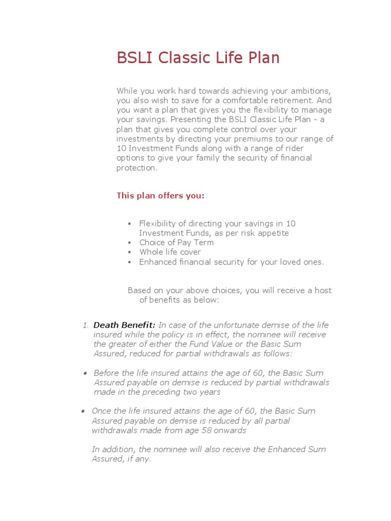BSLI Classic Life Plan | Download Free PDF | Personal Finance | Life ...