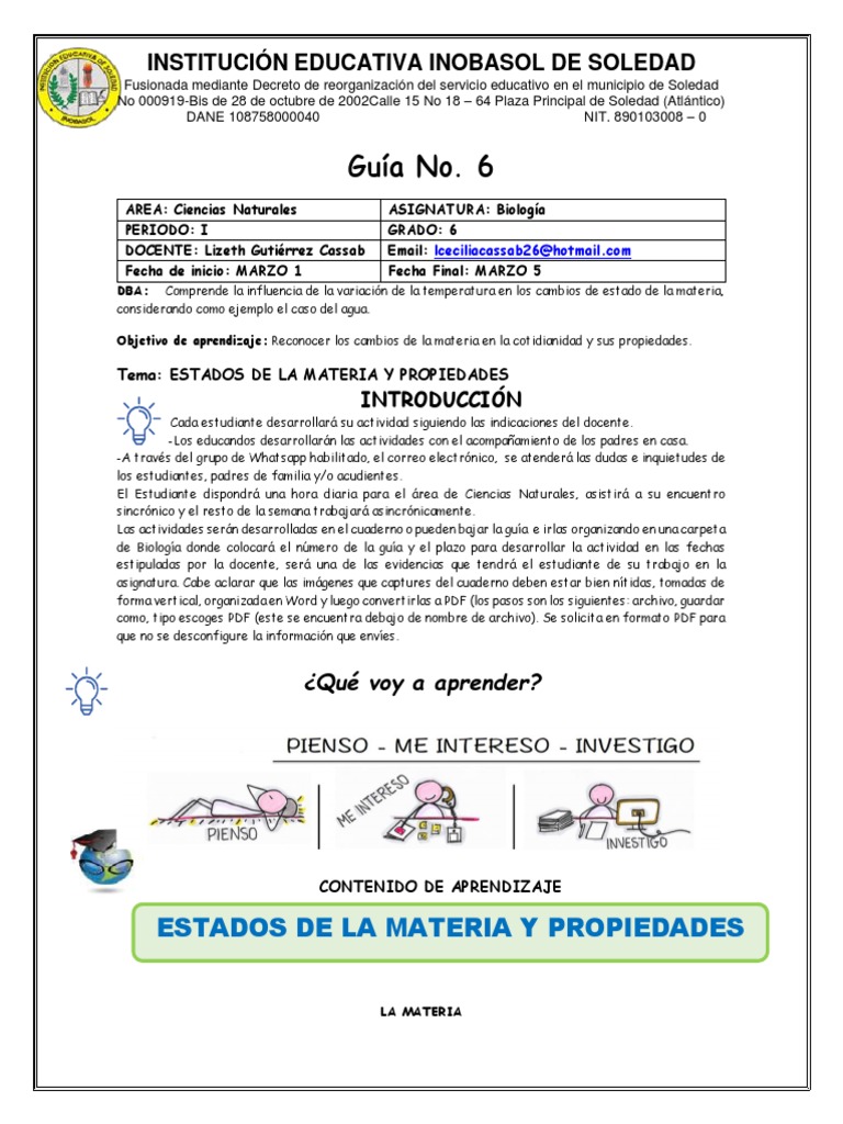 GUÍA DE APRENDIZAJE #6 ESTADOS DE LA MATERIA 6° 2021 | PDF | Líquidos | Gases