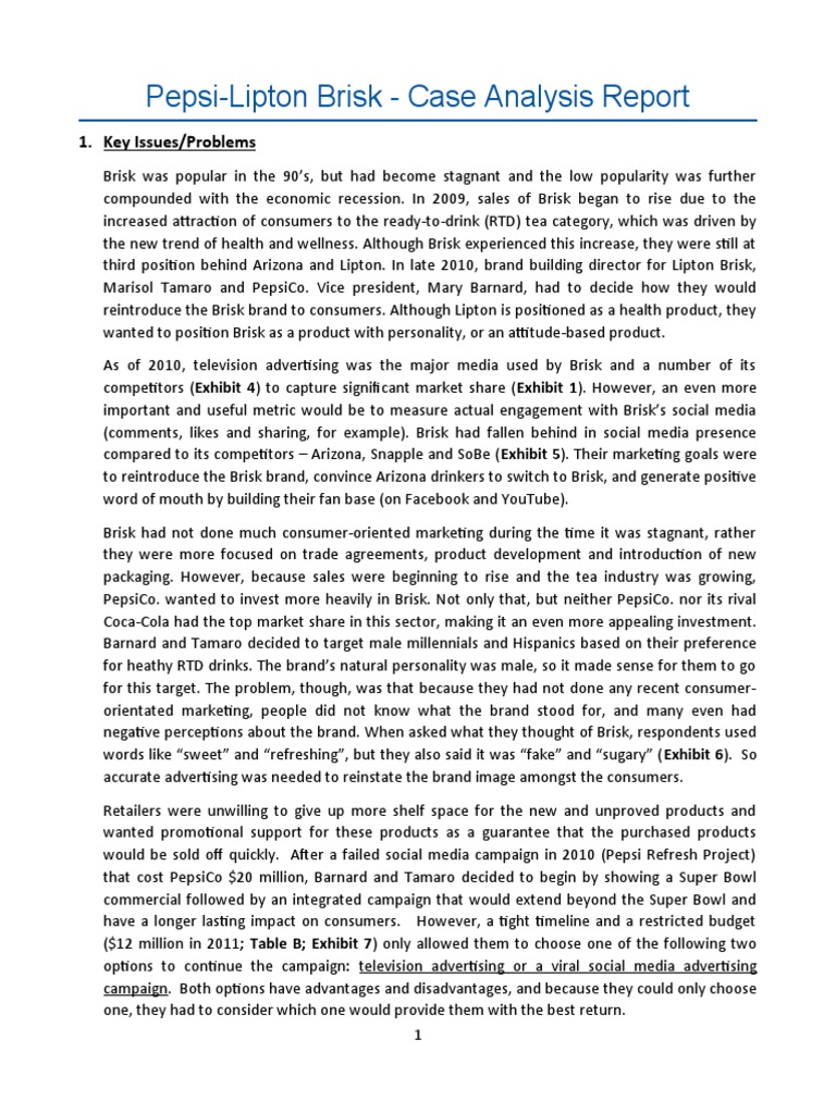 Pepsi-Lipton Brisk - Case Analysis Report: 1. Key Issues/Problems | PDF ...