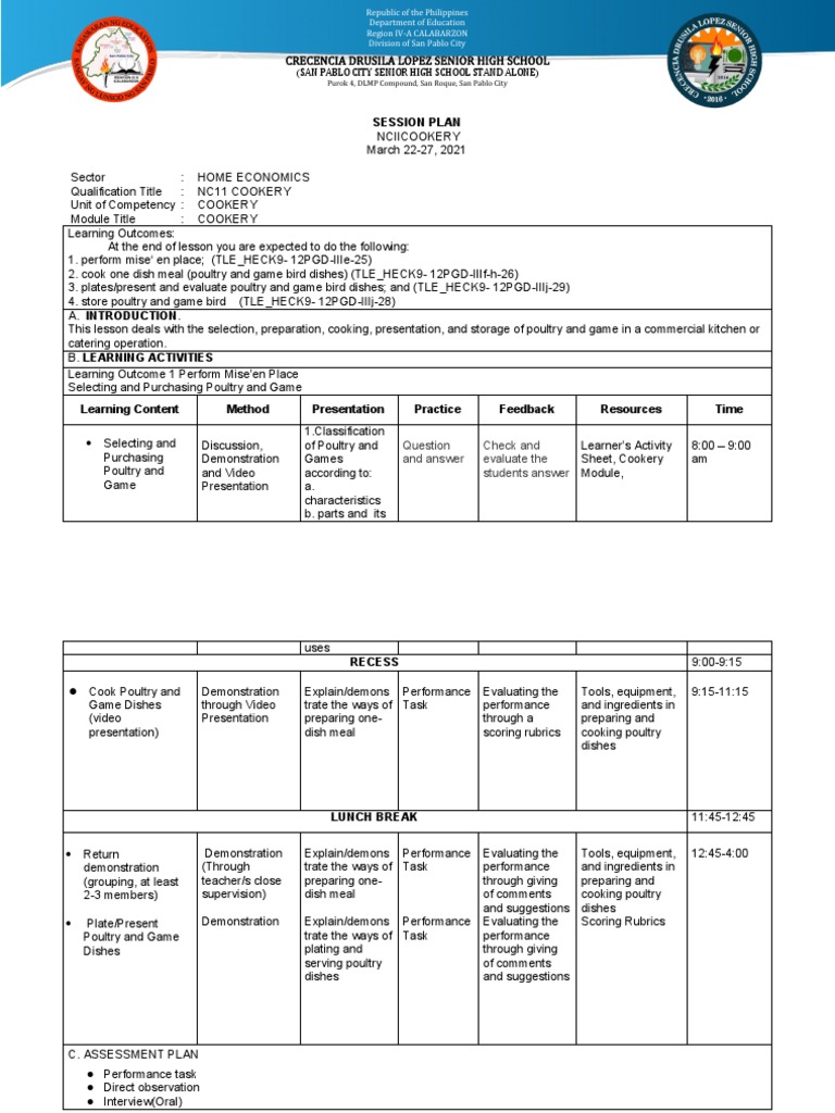 SESSION PLAN Cookery MOBILE LABORATORY | PDF | Cooking | Food And Drink