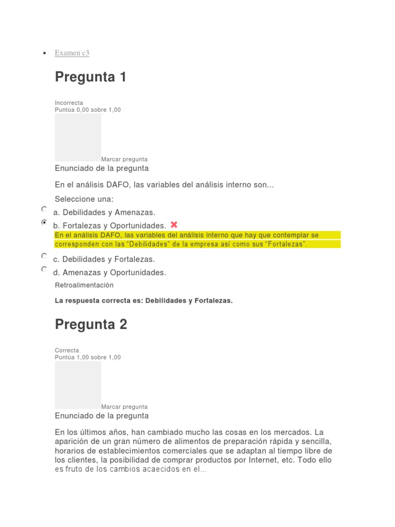Examen c3 - Respuestas Mercadeo Estrategico | PDF | Análisis FODA ...