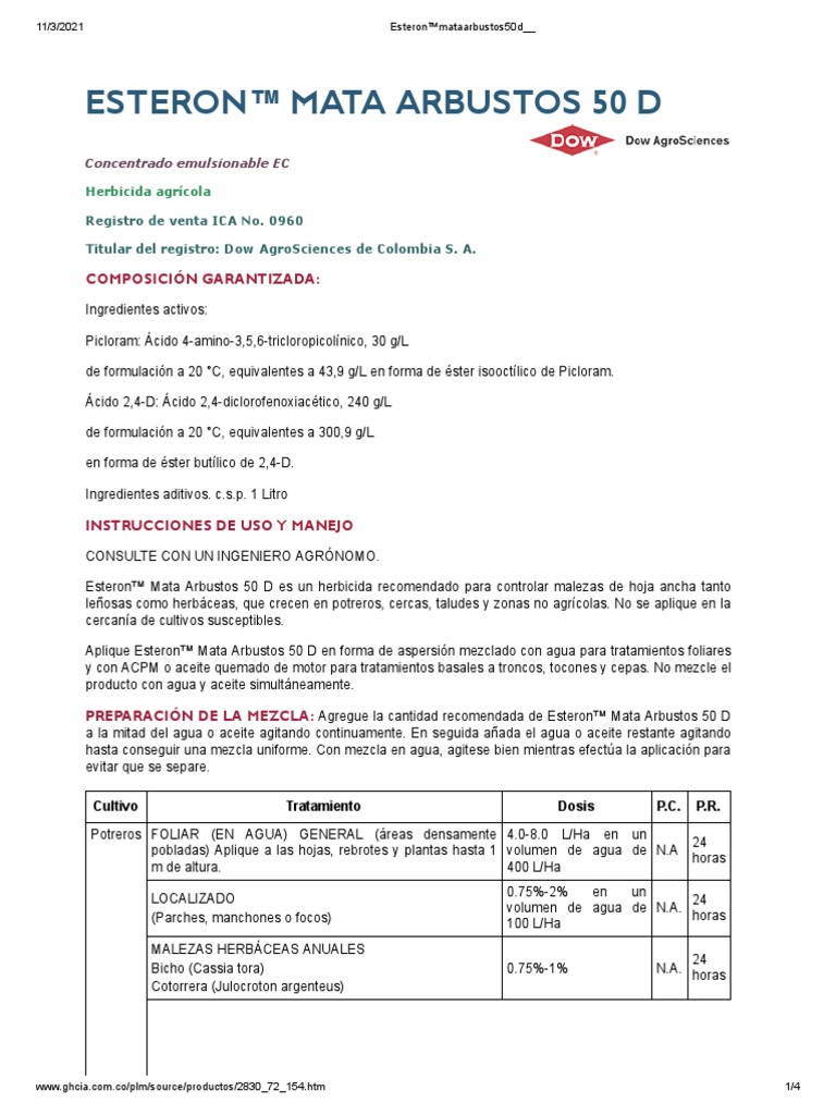 Esteron™mataarbustos 50 D | PDF | Pesticida | Agua