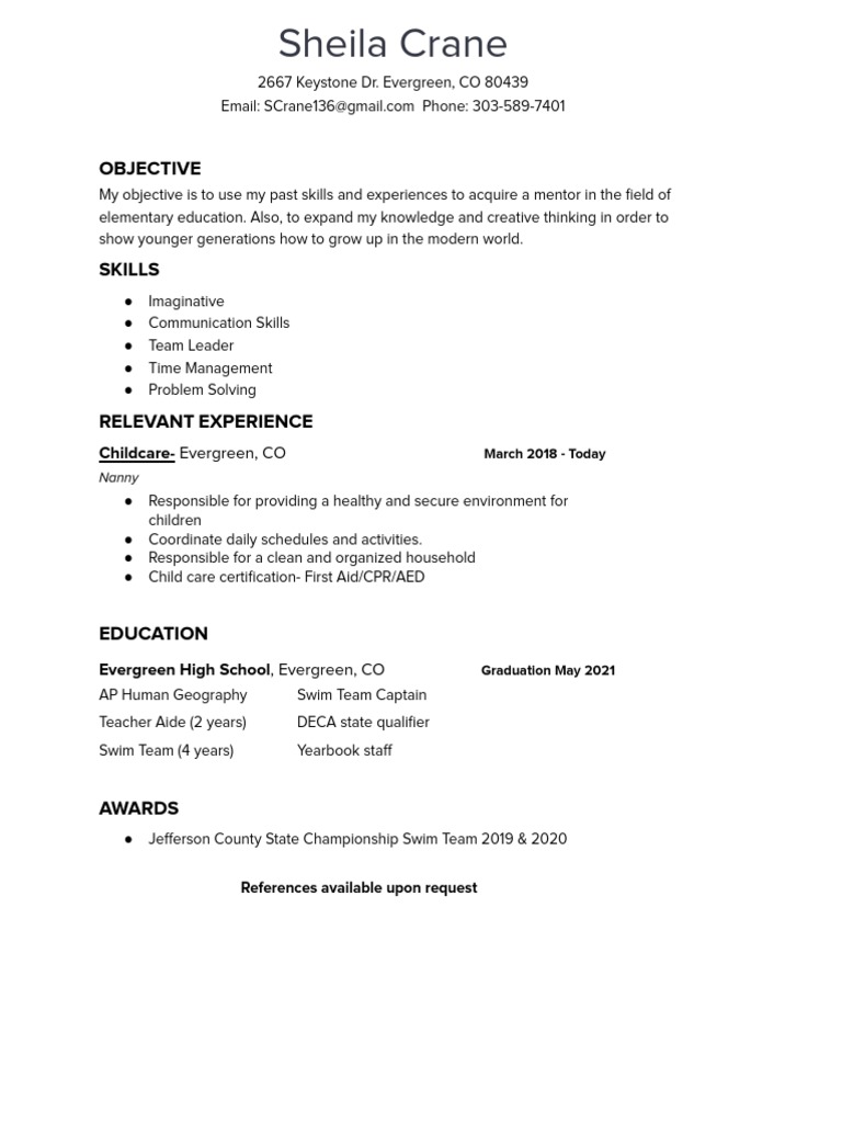 Sheila Crane's Resume Overview | PDF