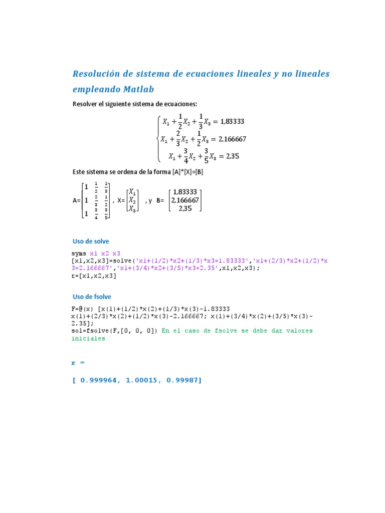 Solve y Fsolve Matlab Profesor Ricardo Olejnik UCV | PDF