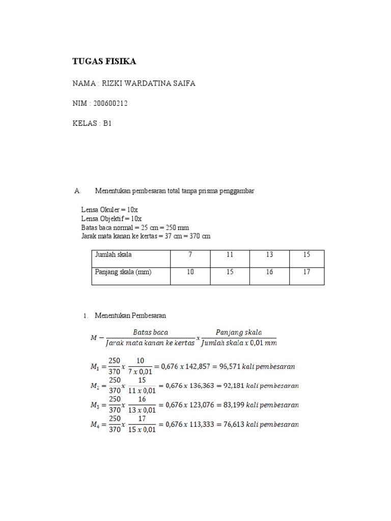 Tugas Fisika: Nama: Rizki Wardatina Saifa NIM: 200600212 Kelas: B1 | PDF
