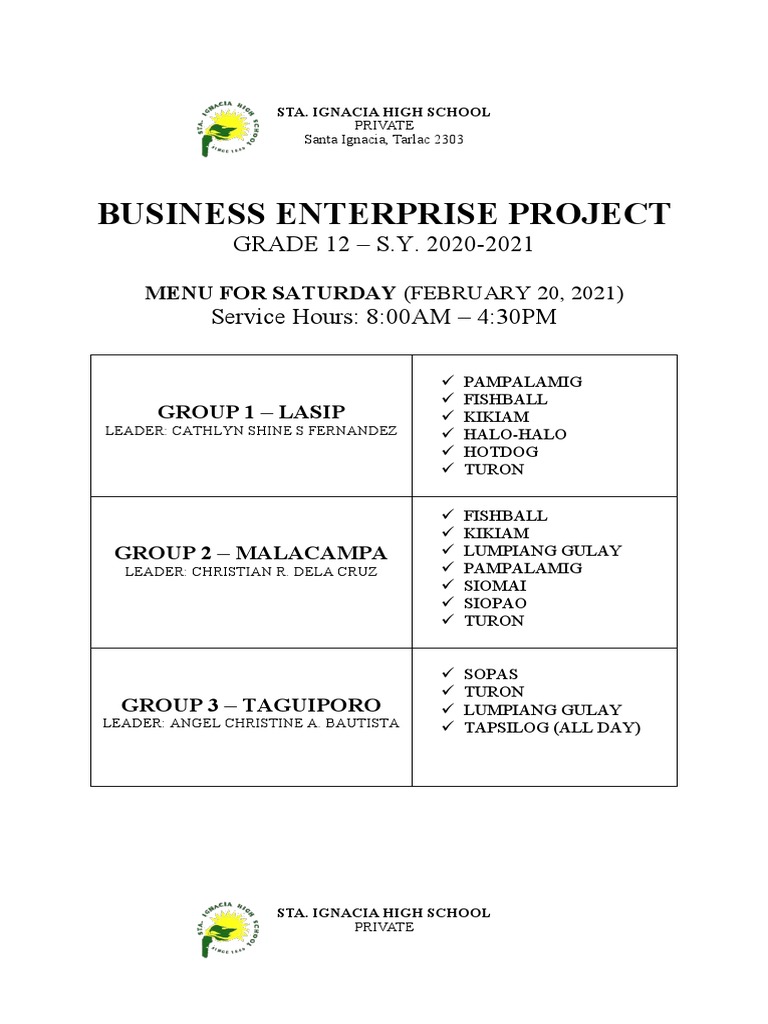 Business Enterprise Project: GRADE 12 - S.Y. 2020-2021 | PDF
