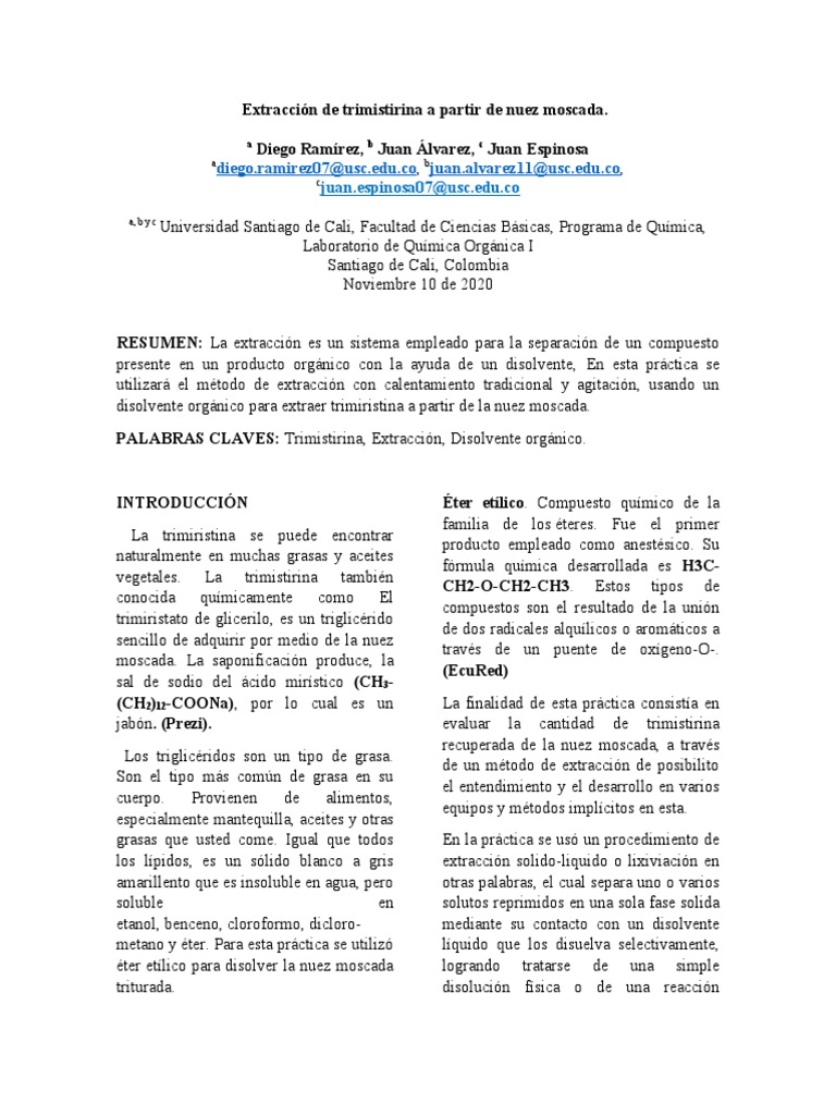 Informe 3 Extracción de Trimiristina Apartir de Nuez Moscada | PDF ...