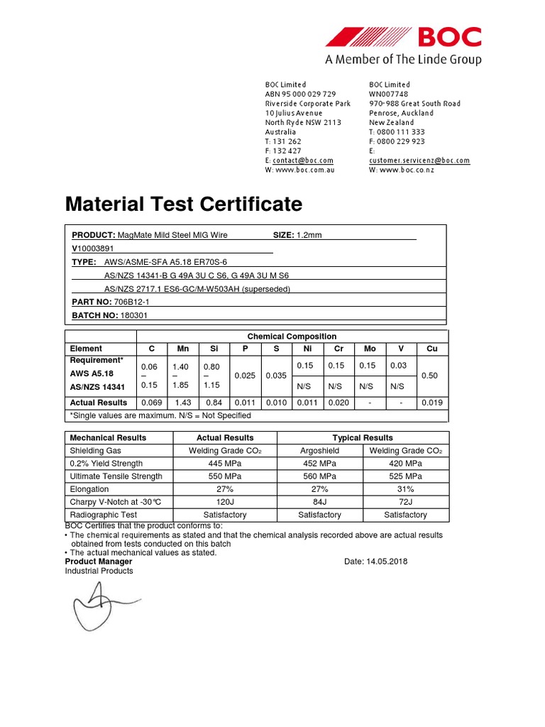 Wire Certificate 706B12!1!180301 | PDF | Chemical Product Engineering ...