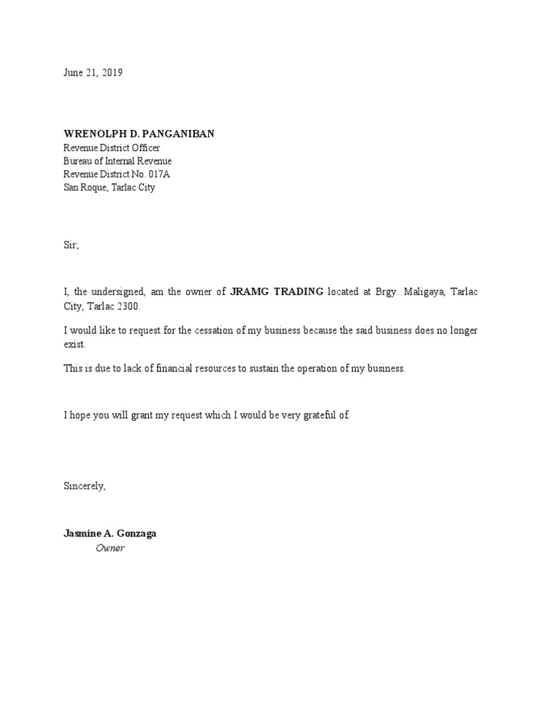 Request Letter For Closure Bir | PDF