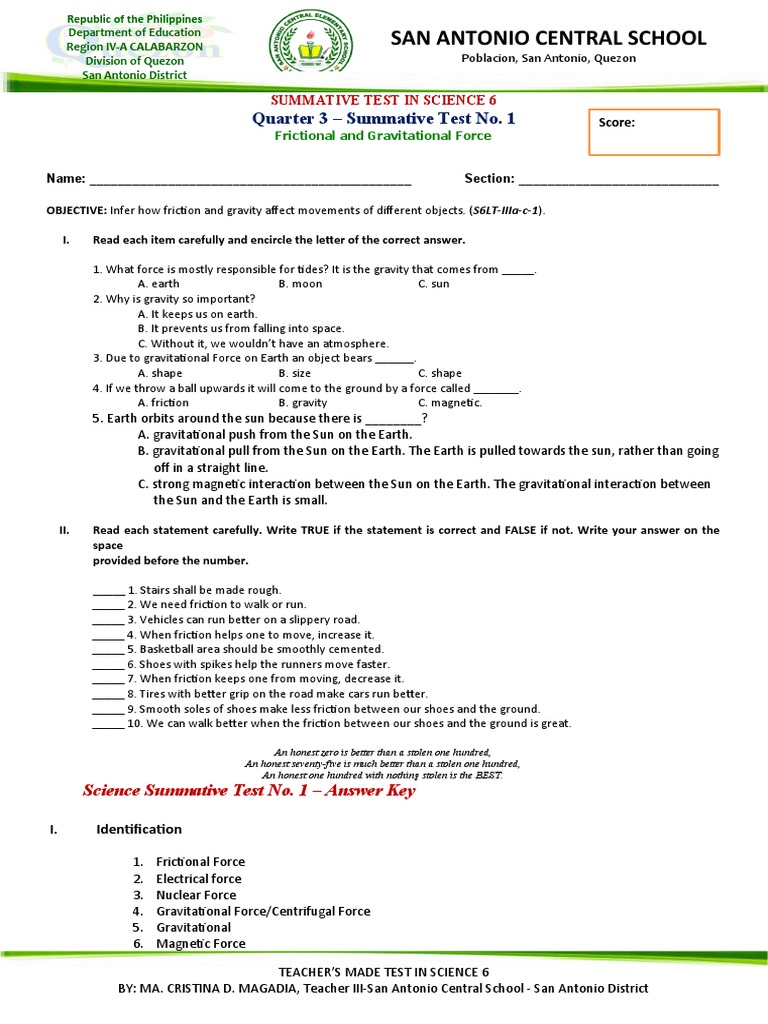 Grade 6 Friction and Gravity Test | PDF | Gravity | Earth