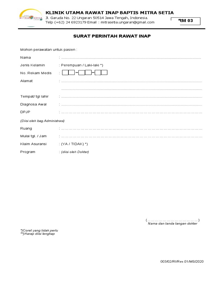 Form RM 03 Ri-Surat Perintah Rawat Inap | PDF