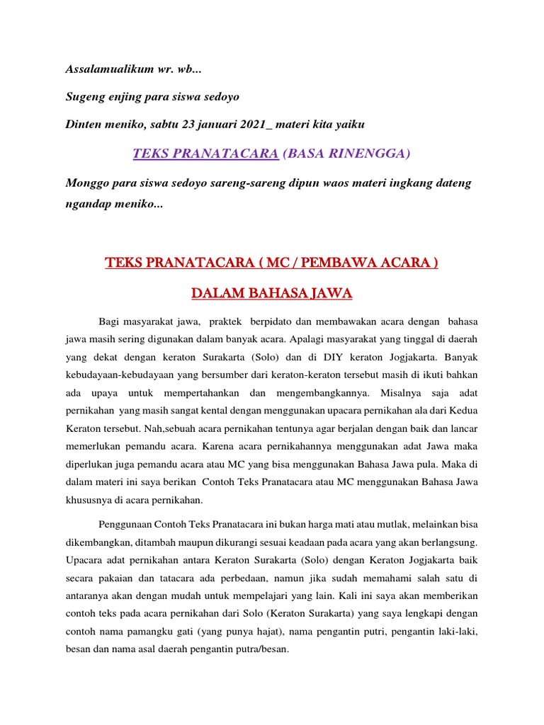 Teks Pranatacara Pernikahan Jawa | PDF | Agama & Spiritualitas