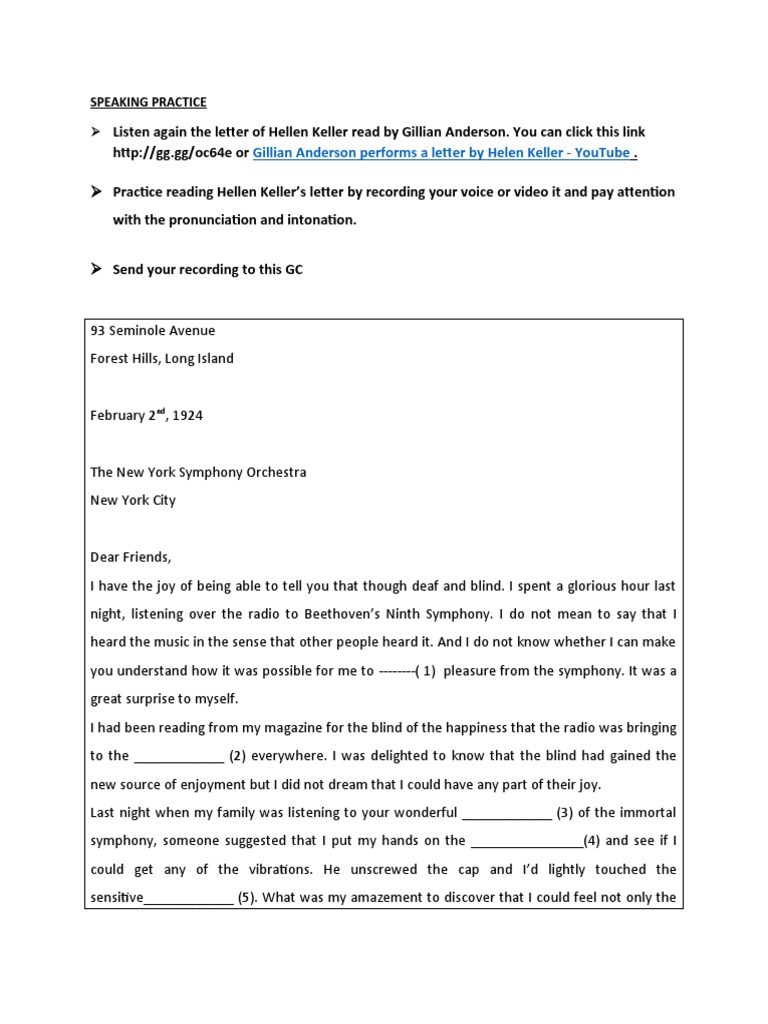 Speaking Practice Personal Letter | PDF | Violin | Helen Keller