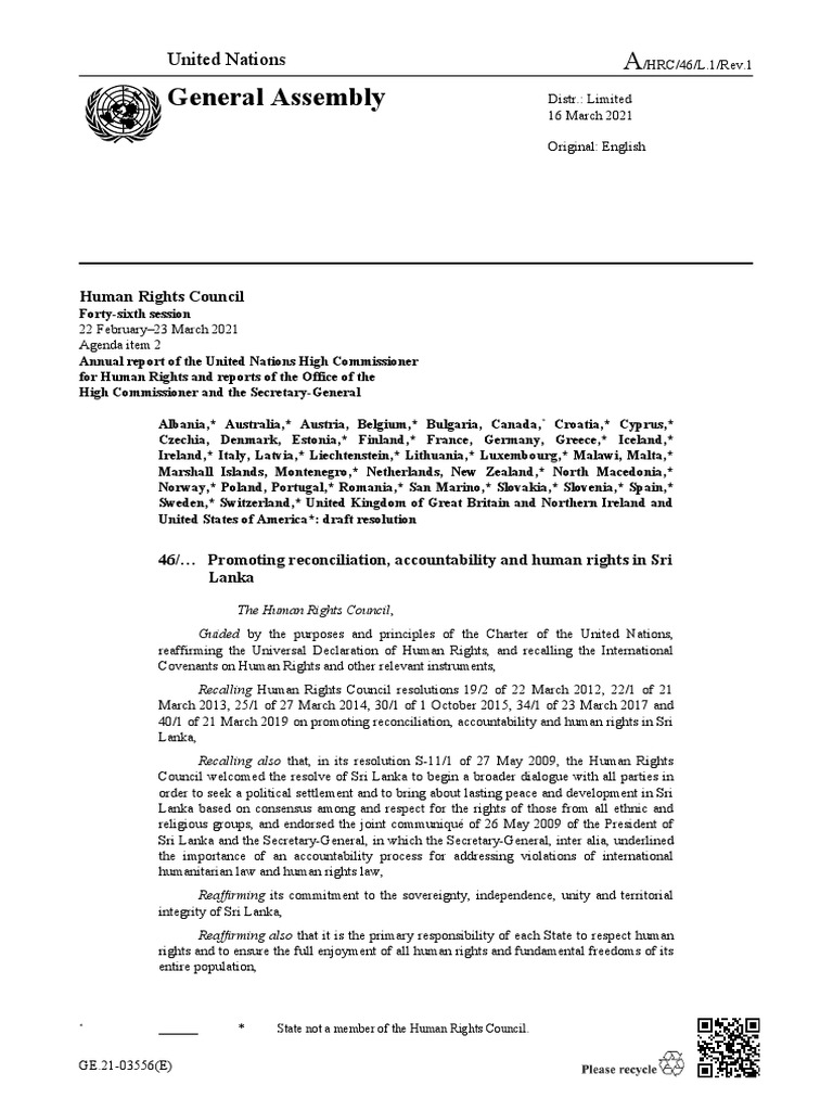 UNHRC Resolution On Sri Lanka | PDF | Human Rights | International ...