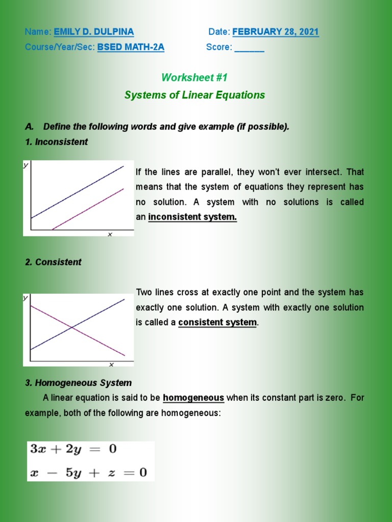 Systems of Linear Equations: Worksheet #1 | PDF