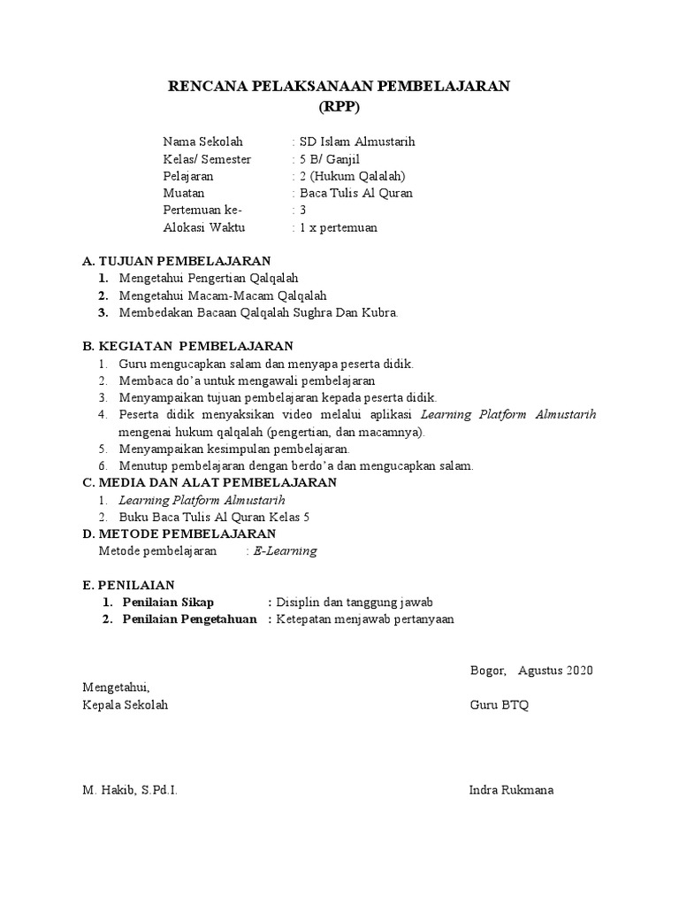 RPP BTQ Kelas 5 P3 | PDF