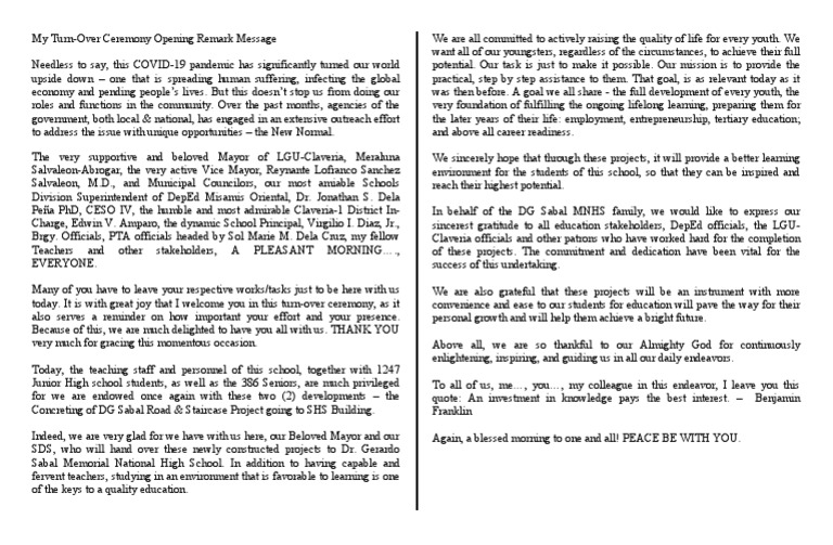 Turn-Over Ceremony (Opening Remark Message) | PDF | Further Education