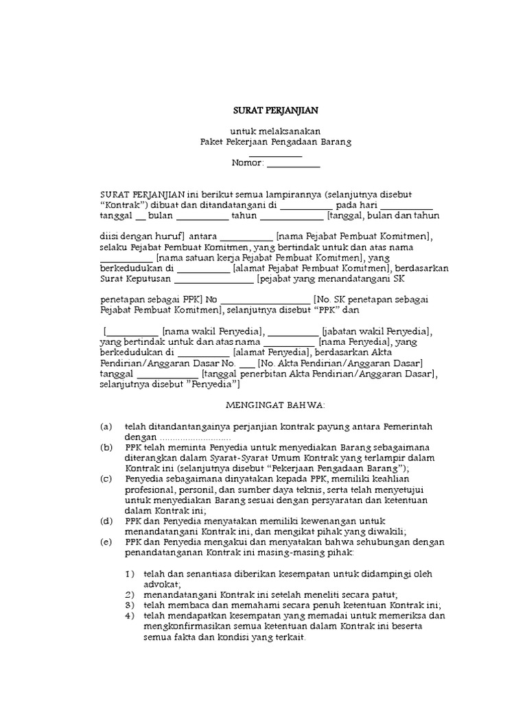 Rancangan Surat Perjanjian Pengadaan Barang | PDF