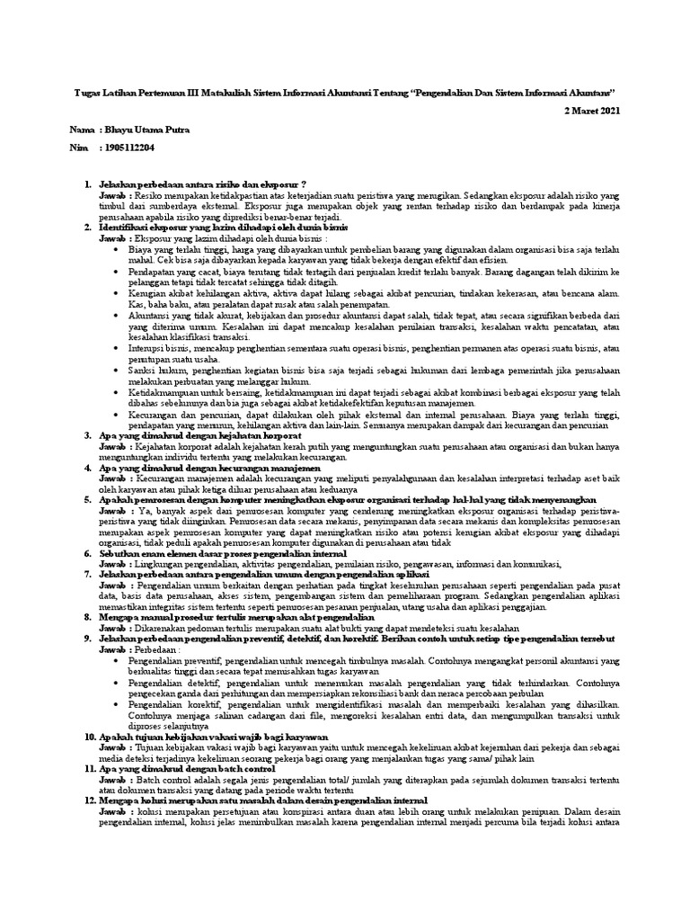 Tugas Latihan Pertemuan III Matakuliah Sistem Informasi Akuntansi | PDF ...