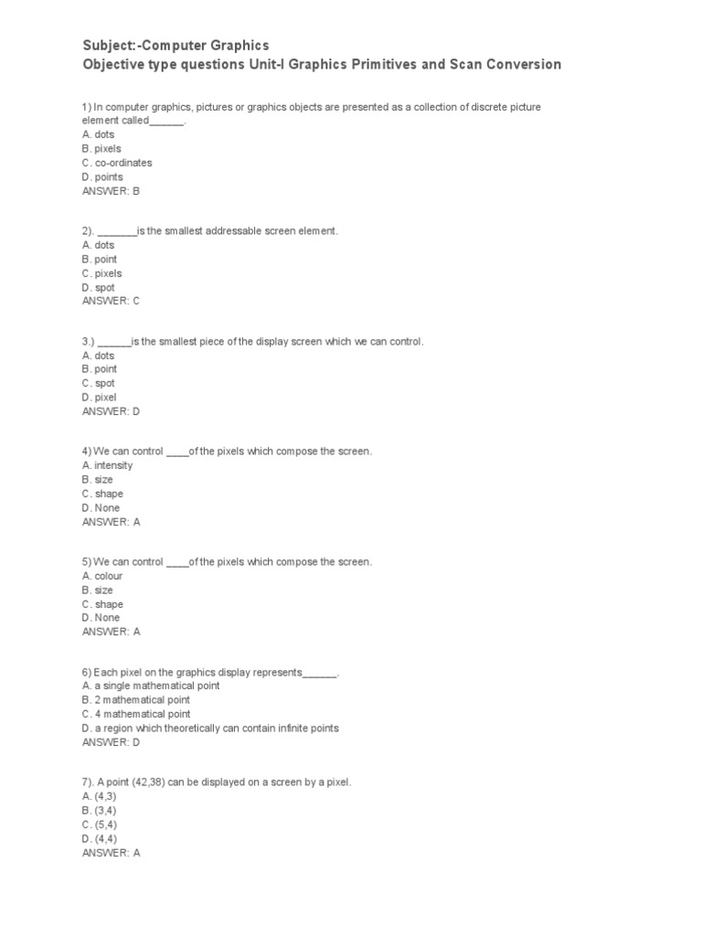 CG UNIT 1 MCQ | PDF | Pixel | Display Resolution