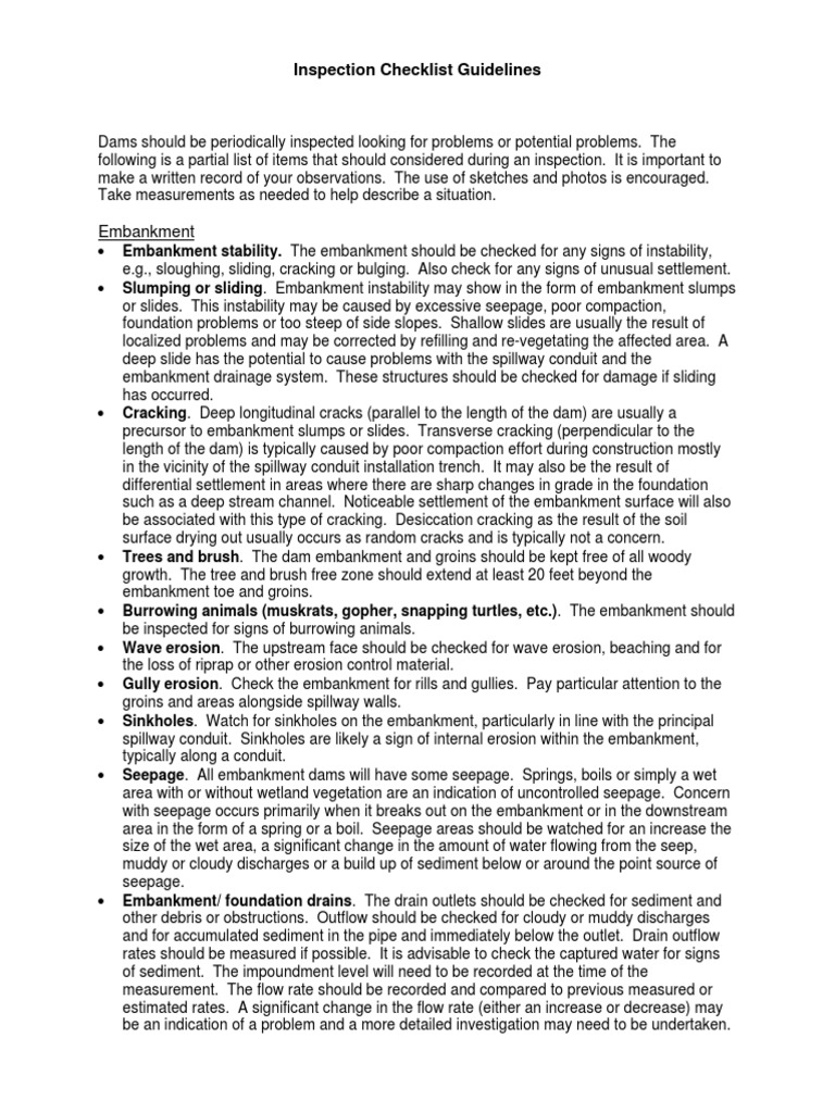 Embankment: Inspection Checklist Guidelines | PDF | Spillway | Dam
