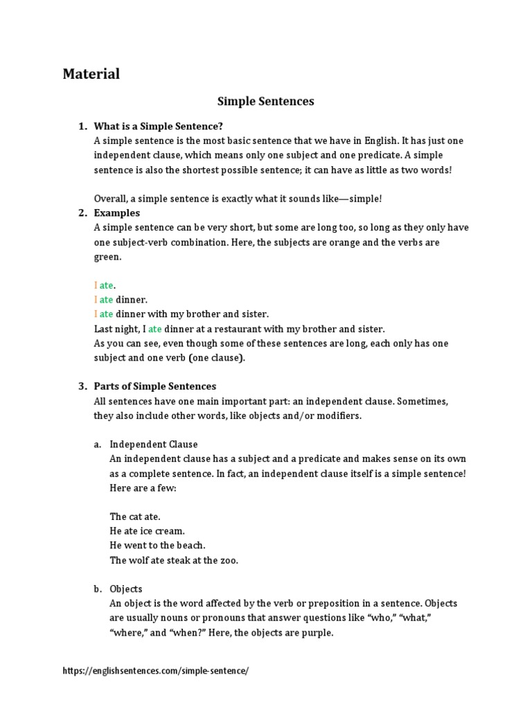 Material: Simple Sentences | PDF | Sentence (Linguistics) | Subject ...