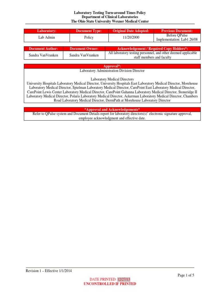 Laboratory Testing Turn-Around Times Policy | PDF | Medical Laboratory ...
