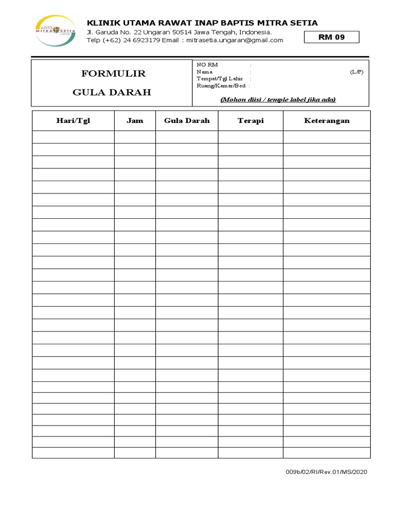 Form RM 09 B Ri-Formulir Gula Darah | PDF