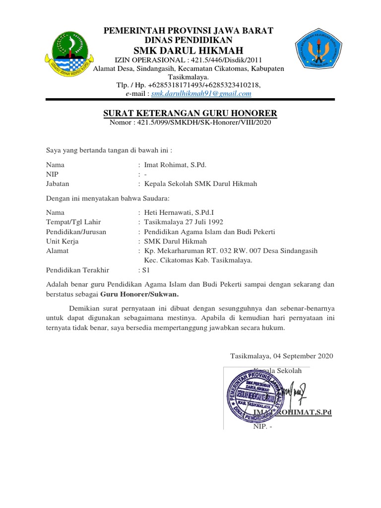 Surat Keterangan Guru Honorer | PDF