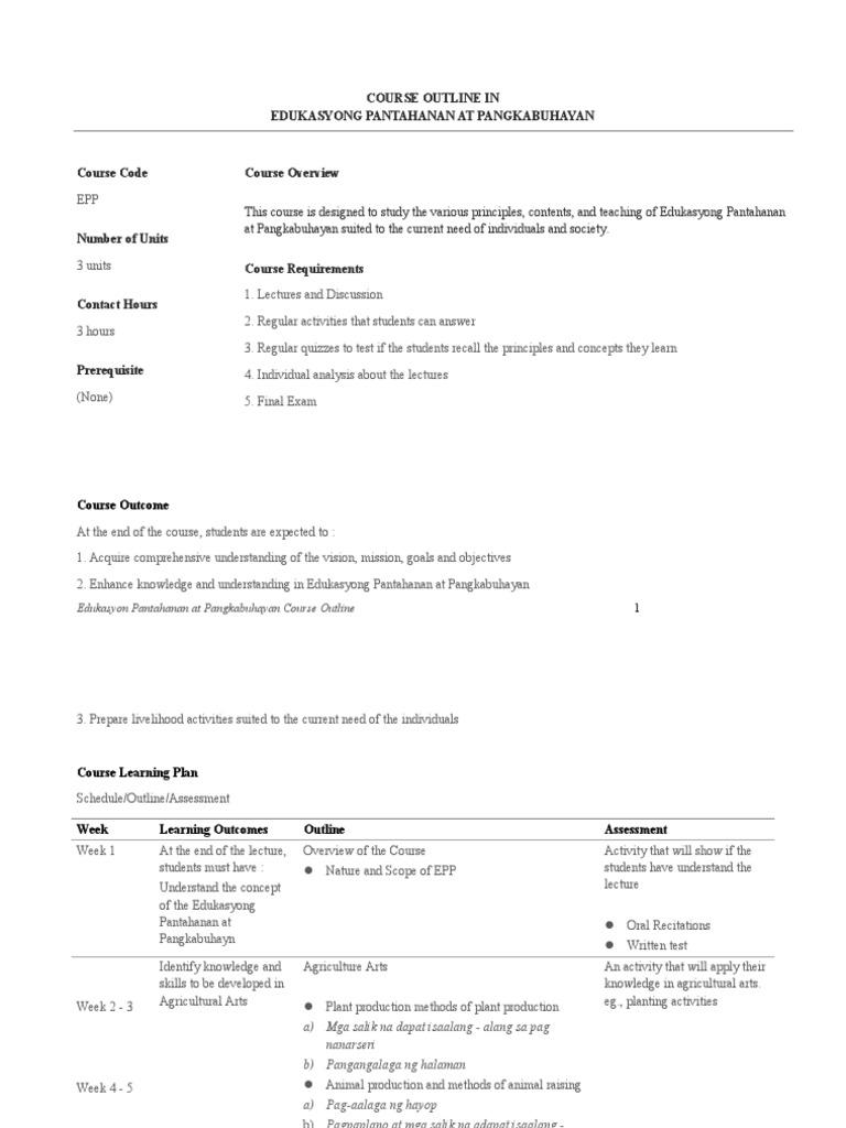 Course Outline in Epp | PDF | Lecture | Entrepreneurship