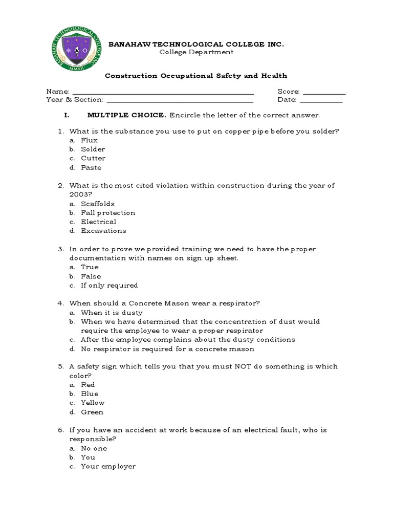 Construction Safety Exam Review | PDF | Occupational Safety And Health ...