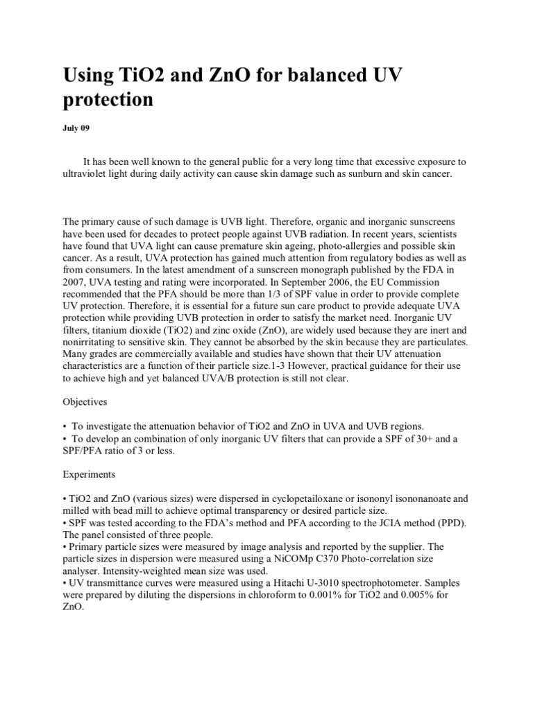 Using TiO2 and ZnO For Balanced UV Protection | PDF | Sunscreen ...