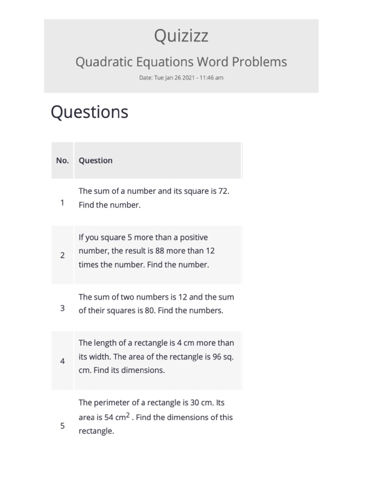 Quizziz Activity - Quadratic Equations - Word Problems | PDF
