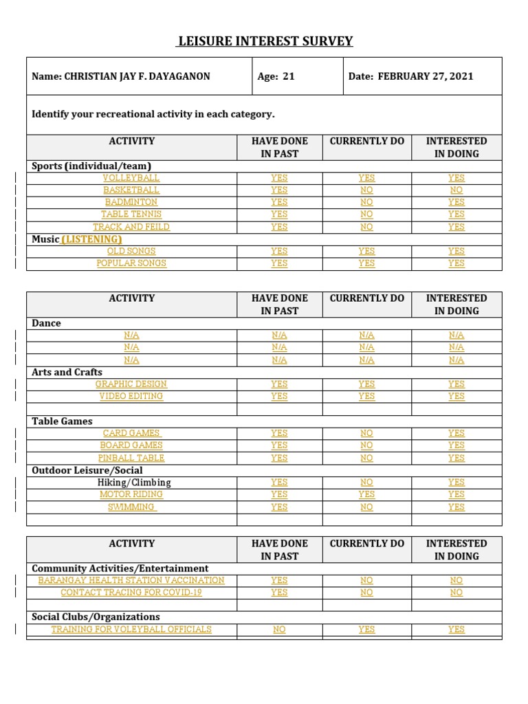 Leisure Interest Survey: (Listening) | PDF | Public Health | Sports