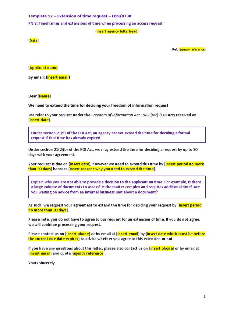 Template 12 - Extension of Time Request - D19/8730: by Email: (Insert ...